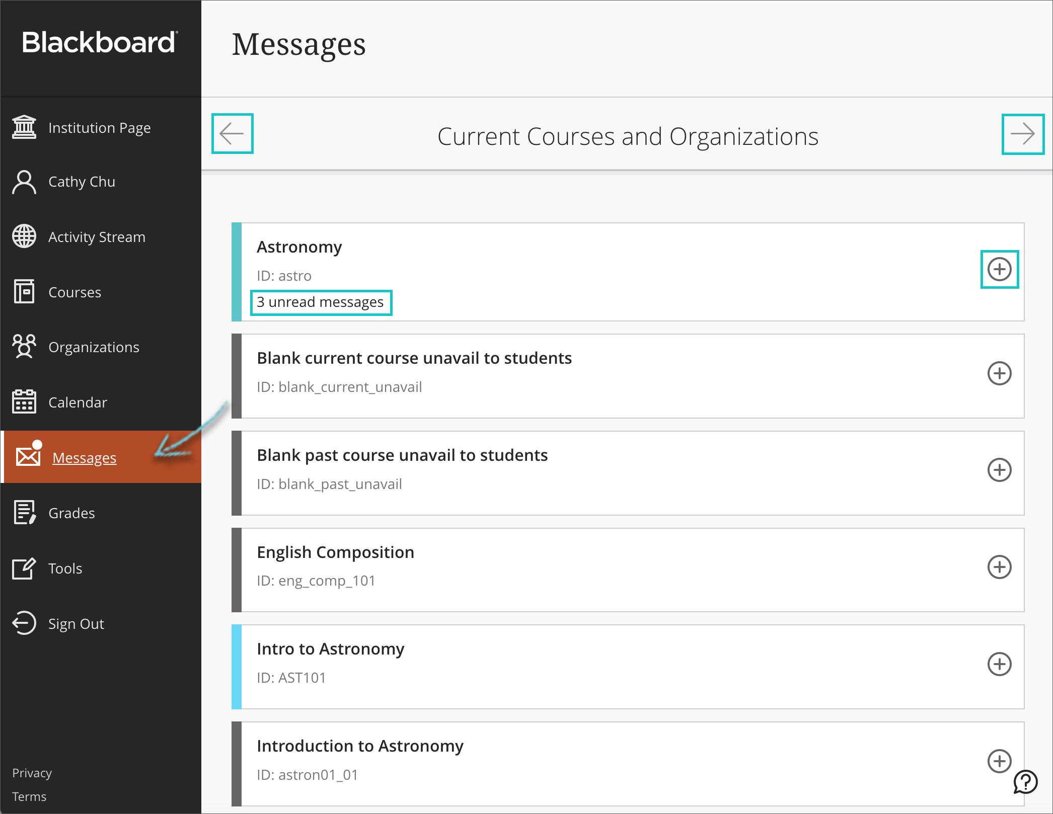 Blackboard Ultra Base Navigation Messages Academic Technology Nexus
